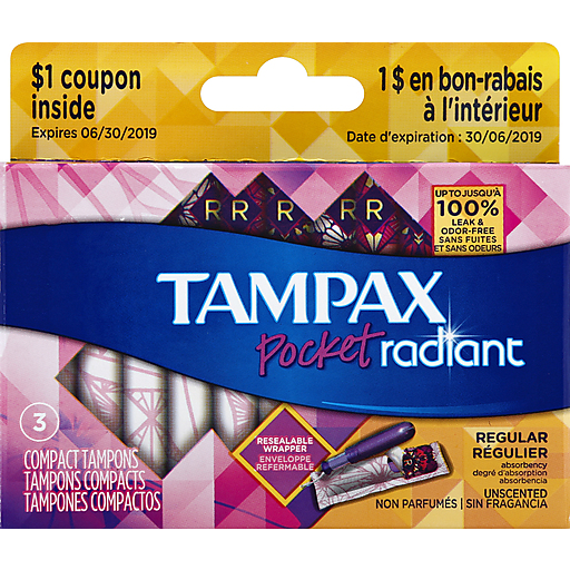 Tampax Pocket Radiant Compact Plastic Tampons, With LeakGuard Braid ...