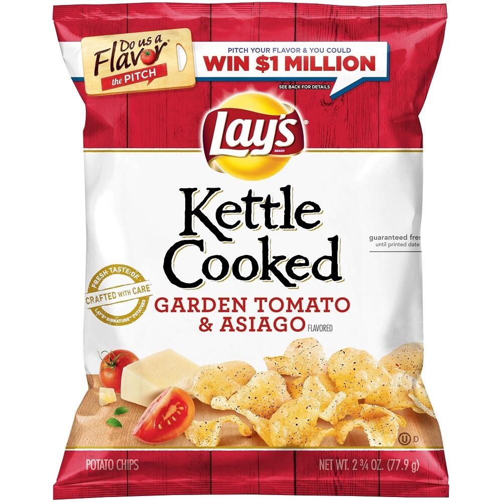 Lay's Kettle Cooked Potato Chips, Garden Tomato & Asiago Flavored — UPC ...